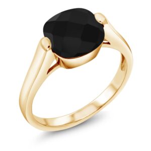 Gem Stone King 18K Yellow Gold Plated Silver Black Onyx Ring For Women (3.60 Cttw, Cushion Checkerboard 10MM, Gemstone Birthstone, Available In Size 5, 6, 7, 8, 9)