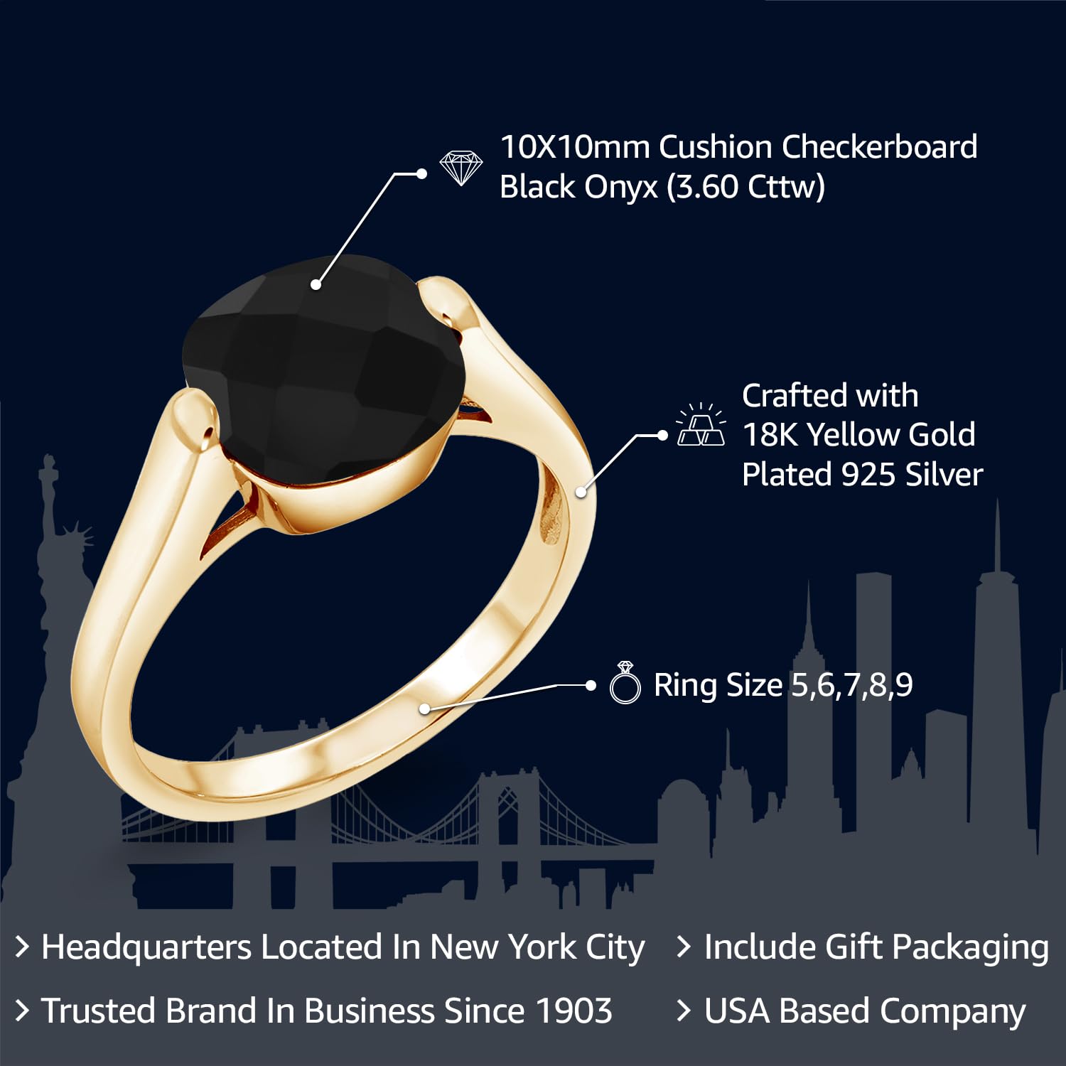 Gem Stone King 18K Yellow Gold Plated Silver Black Onyx Ring For Women (3.60 Cttw, Cushion Checkerboard 10MM, Gemstone Birthstone, Available In Size 5, 6, 7, 8, 9)