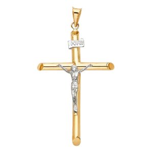 14k two tone gold religious crucifix cross charm pendant - 58 x 28 mm real gold jesus cross necklace pendant - best gift for men and women