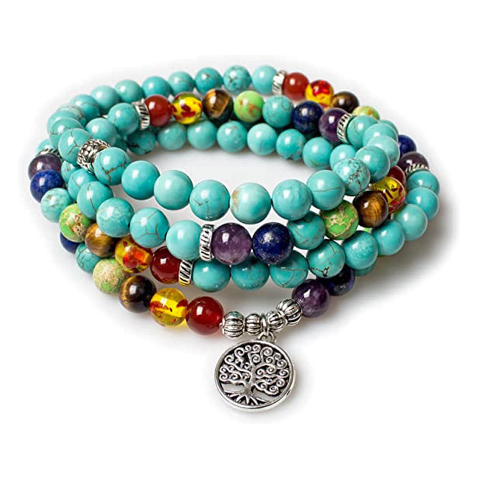 PWMENLK 108 Mala Beads Meditation Turquoise Necklace 7 Chakra Buddhist Prayer Beaded Bracelet Tree of Life Pendant Necklace Healing Stone Yoga Necklace Women Men Bracelets(turquoise)