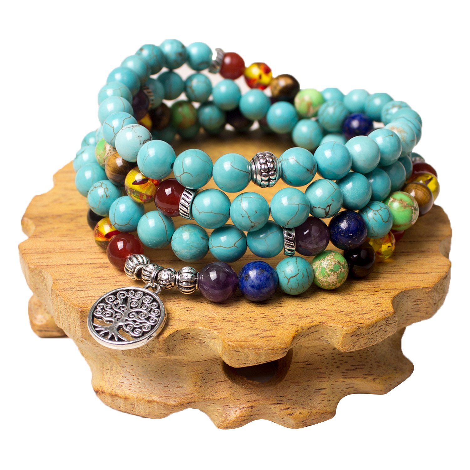 PWMENLK 108 Mala Beads Meditation Turquoise Necklace 7 Chakra Buddhist Prayer Beaded Bracelet Tree of Life Pendant Necklace Healing Stone Yoga Necklace Women Men Bracelets(turquoise)