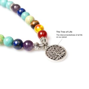 PWMENLK 108 Mala Beads Meditation Turquoise Necklace 7 Chakra Buddhist Prayer Beaded Bracelet Tree of Life Pendant Necklace Healing Stone Yoga Necklace Women Men Bracelets(turquoise)