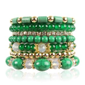 riah fashion multi layer bead bracelet - colorful stacking beaded strand stretch cuff statement bangles set (vintage marbled 7 set - green)