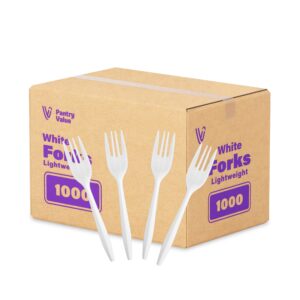 pantry value [1000 count] lightweight white plastic forks - disposable cutlery for parties, events, and dinner (formerly comfy package)