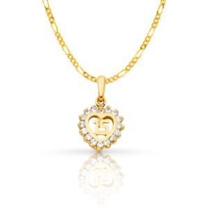 ioka 14k yellow gold sweet 15 years quinceanera heart cubic zirconia cz charm pendant with 1.2mm figaro 3+1 chain necklace - 20"