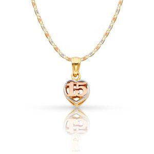 ioka 14k tri color gold sweet 15 years quinceanera heart charm pendant with 1.5mm valentino chain necklace - 20"