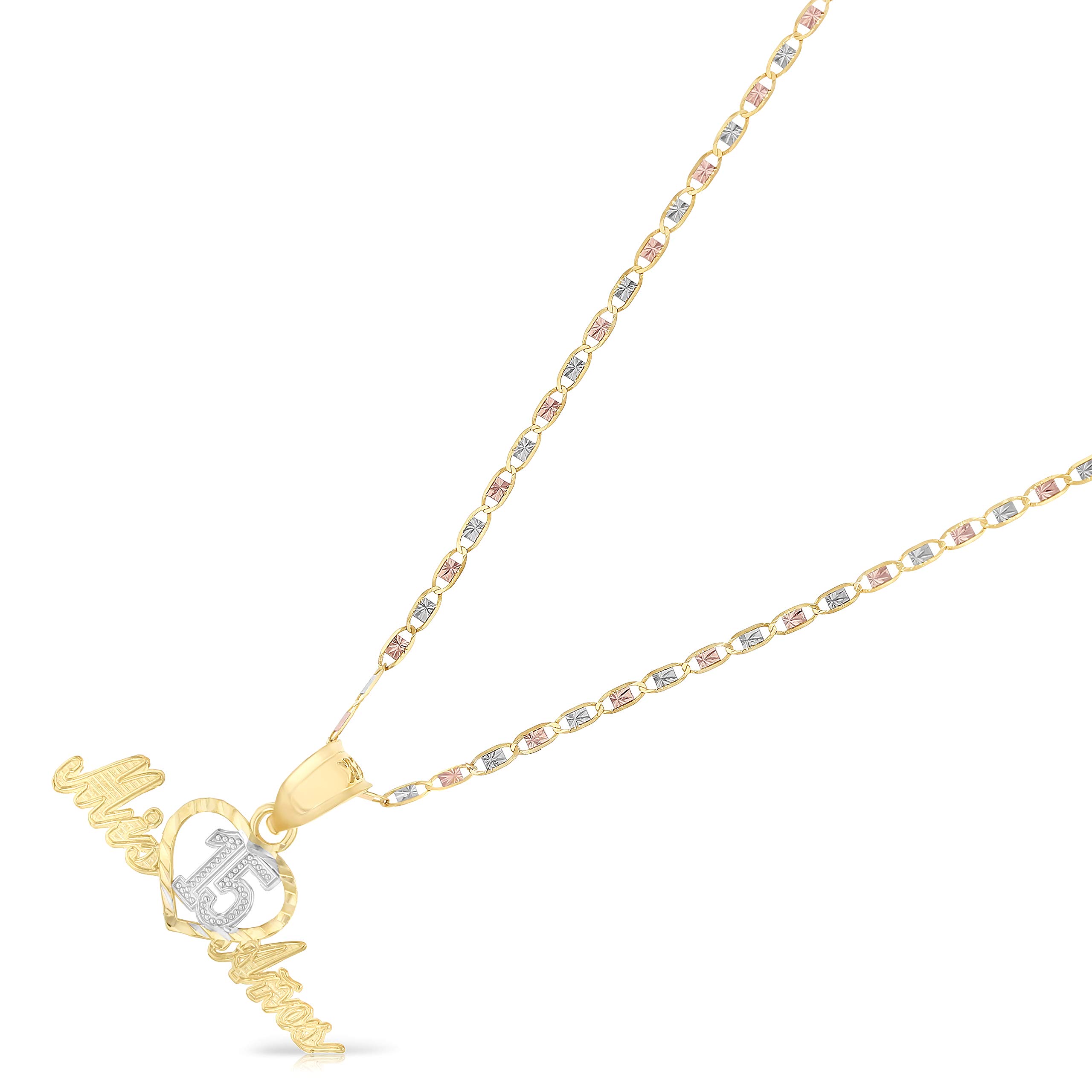 14K Two Tone Gold Sweet 15 Years Quinceanera Heart Mis 15 Anos Charm Pendant with 1.5mm Valentino Chain Necklace - 22"