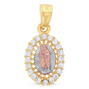 Ioka 14K Yellow Gold Our Lady of Guadalupe Cubic Zirconia CZ Charm Pendant with 1.5mm Valentino Chain Necklace - 18"