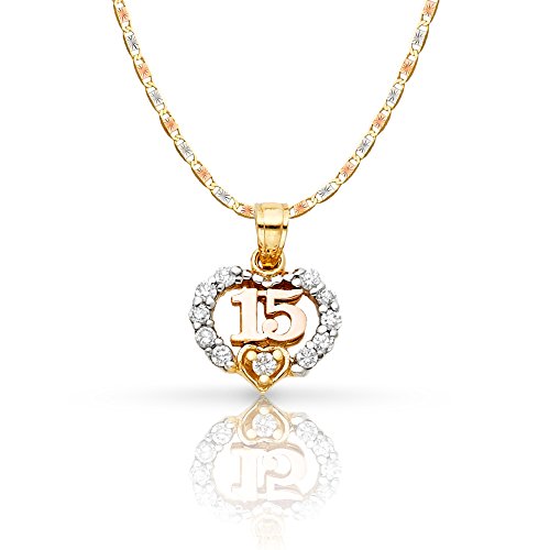 Ioka 14K Two Tone Gold Sweet 15 Years Quinceanera Heart Cubic Zirconia CZ Charm Pendant with 1.5mm Valentino Chain Necklace - 16"