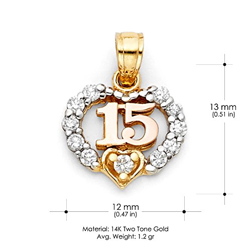 Ioka 14K Two Tone Gold Sweet 15 Years Quinceanera Heart Cubic Zirconia CZ Charm Pendant with 1.5mm Valentino Chain Necklace - 16"