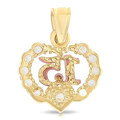 Ioka 14K Two Tone Gold Sweet 15 Years Quinceanera Heart Cubic Zirconia CZ Charm Pendant with 1.5mm Valentino Chain Necklace - 16"