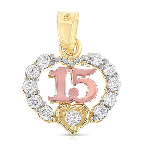 Ioka 14K Two Tone Gold Sweet 15 Years Quinceanera Heart Cubic Zirconia CZ Charm Pendant with 1.5mm Valentino Chain Necklace - 16"