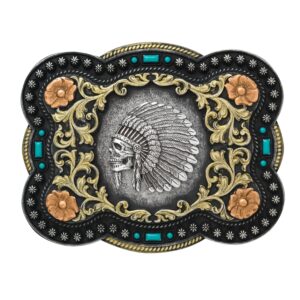 nocona boots men's standard indian chief skull floral scroll antique silver western belt buckle 37038, 4" x 3.25"