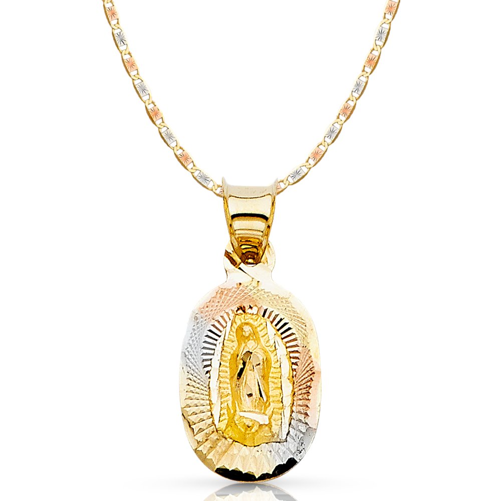 Ioka 14K Tri Color Gold Diamond Cut Our Lady of Guadalupe Stamp Charm Pendant with 1.5mm Valentino Chain Necklace - 18"