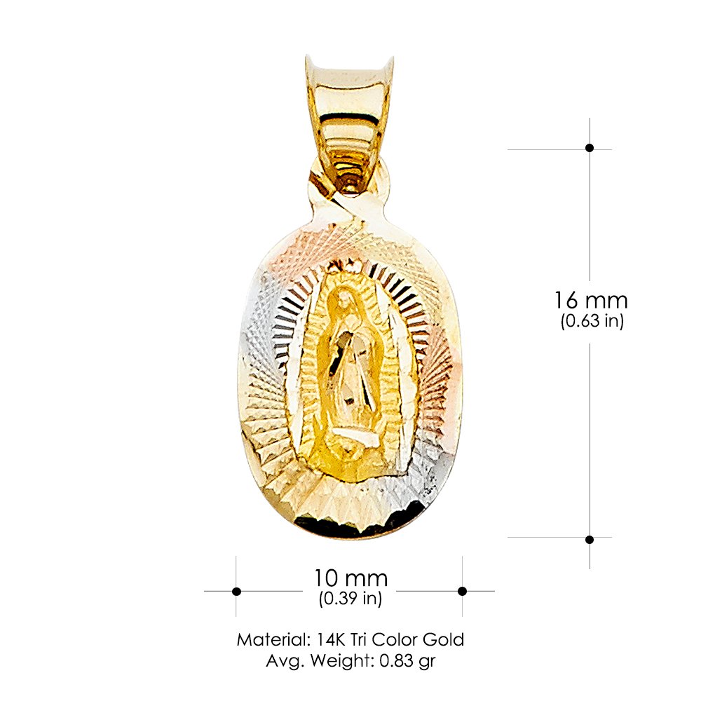 Ioka 14K Tri Color Gold Diamond Cut Our Lady of Guadalupe Stamp Charm Pendant with 1.5mm Valentino Chain Necklace - 18"