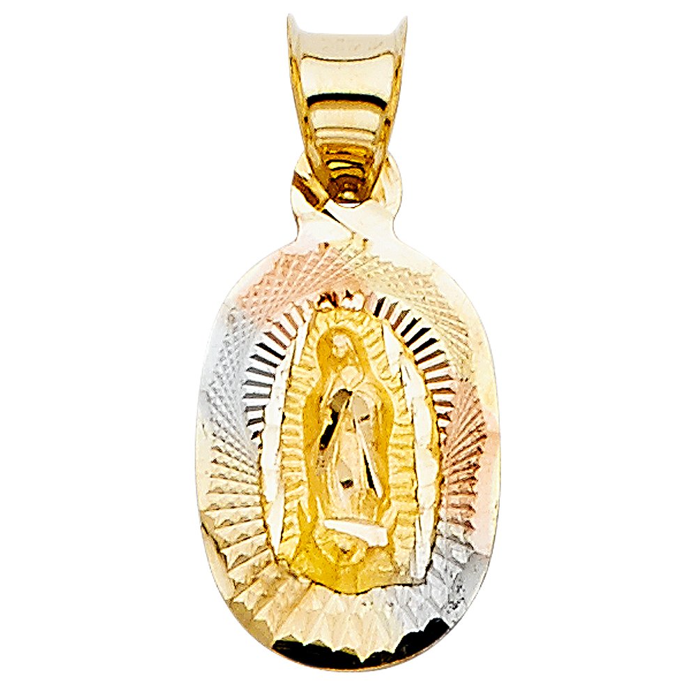 Ioka 14K Tri Color Gold Diamond Cut Our Lady of Guadalupe Stamp Charm Pendant with 1.5mm Valentino Chain Necklace - 18"