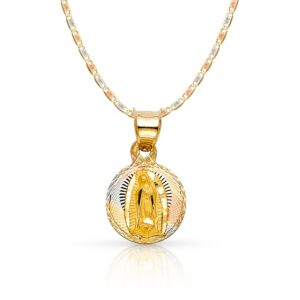 ioka 14k tri color gold diamond cut our lady of guadalupe stamp charm pendant with 1.5mm valentino chain necklace - 20"