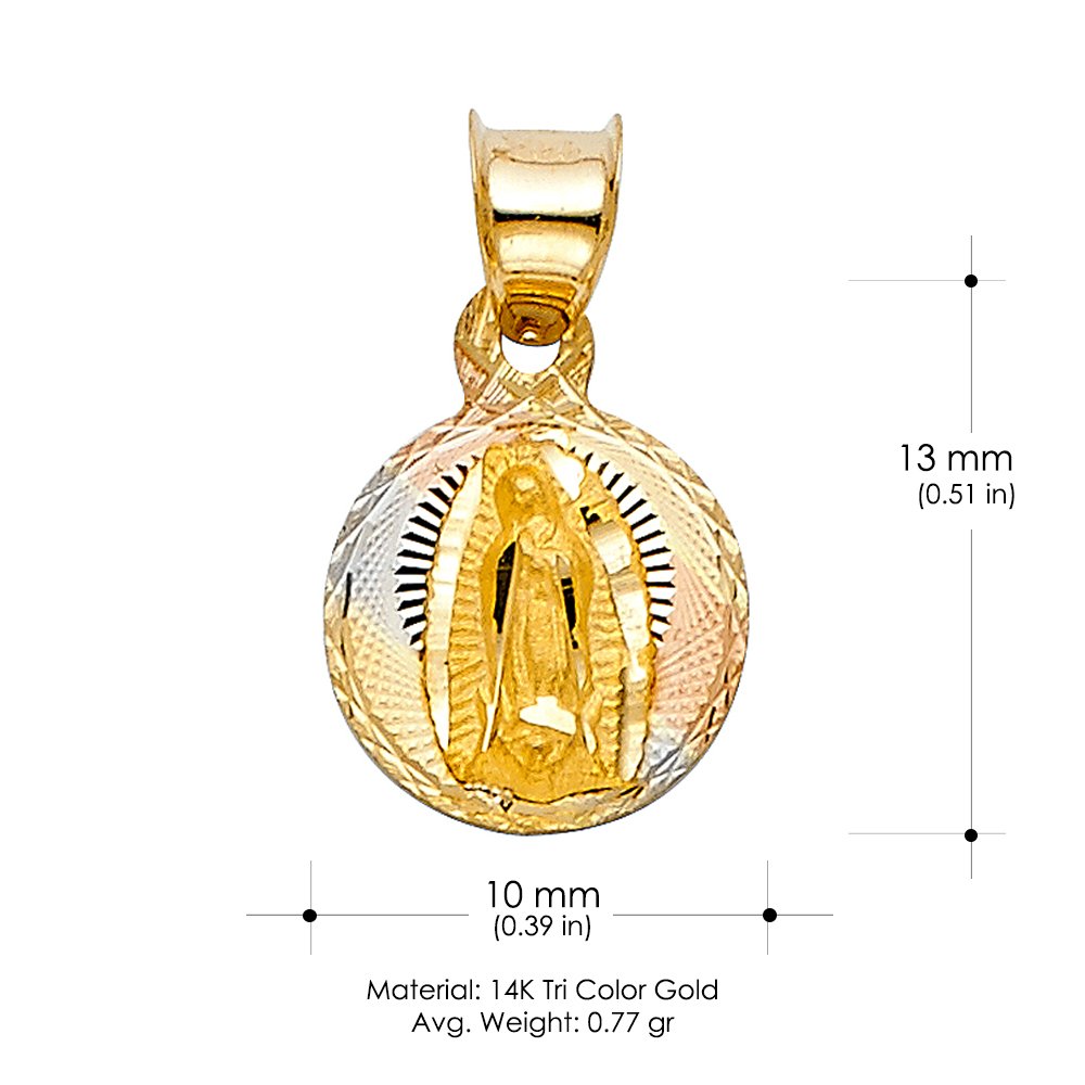 Ioka 14K Tri Color Gold Diamond Cut Our Lady of Guadalupe Stamp Charm Pendant with 1.5mm Valentino Chain Necklace - 20"