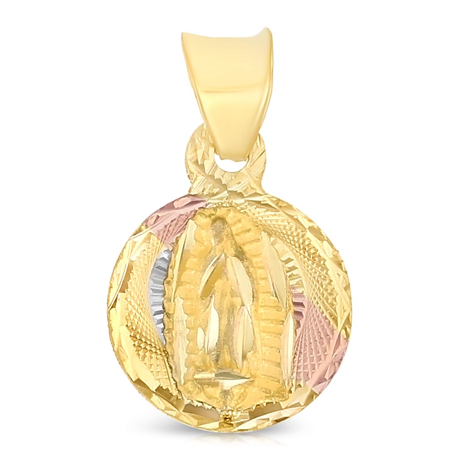 Ioka 14K Tri Color Gold Diamond Cut Our Lady of Guadalupe Stamp Charm Pendant with 1.5mm Valentino Chain Necklace - 20"