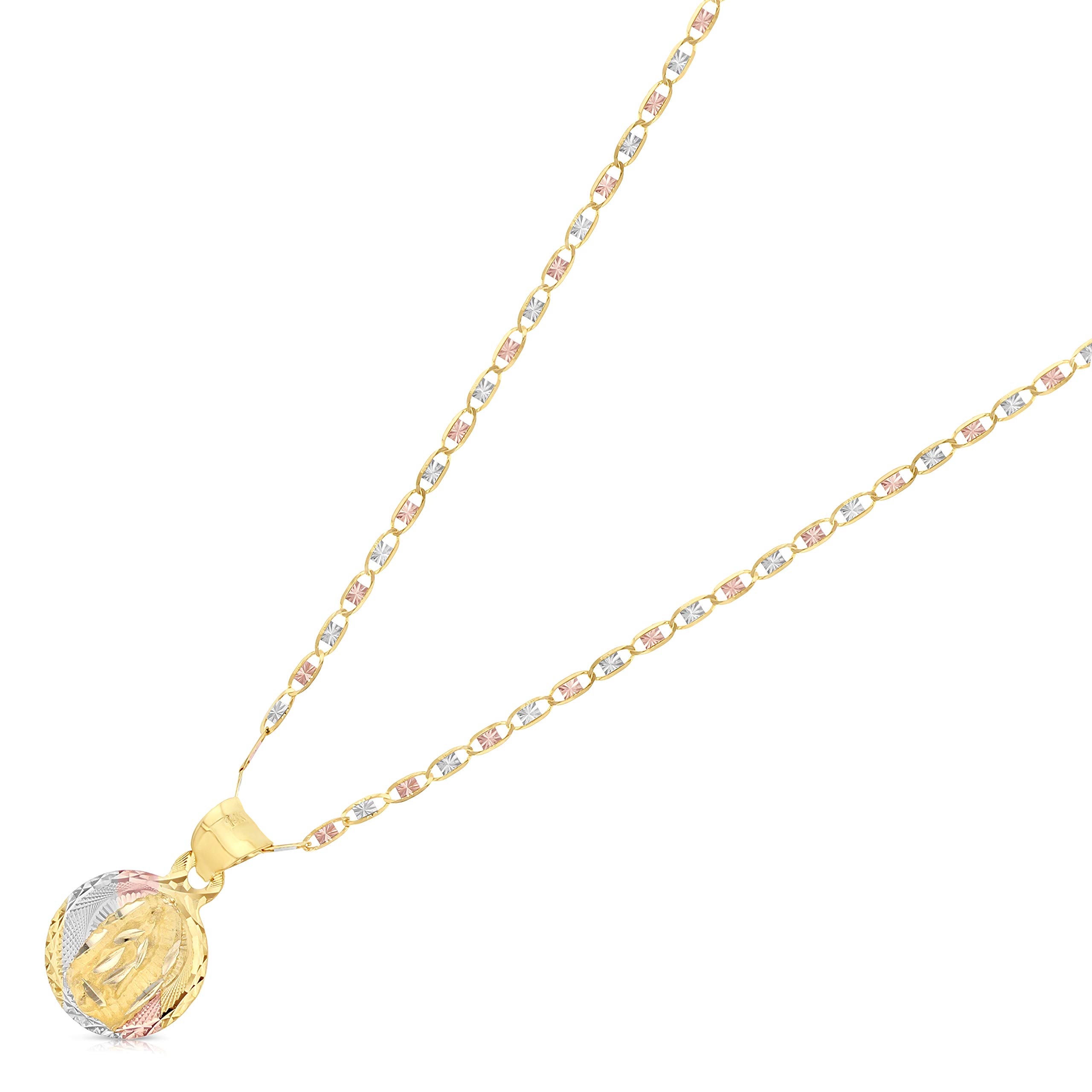 Ioka 14K Tri Color Gold Diamond Cut Our Lady of Guadalupe Stamp Charm Pendant with 1.5mm Valentino Chain Necklace - 20"