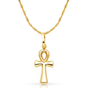 ioka 14k yellow gold egyptian ankh cross charm pendant with 0.9mm singapore chain necklace - 20"