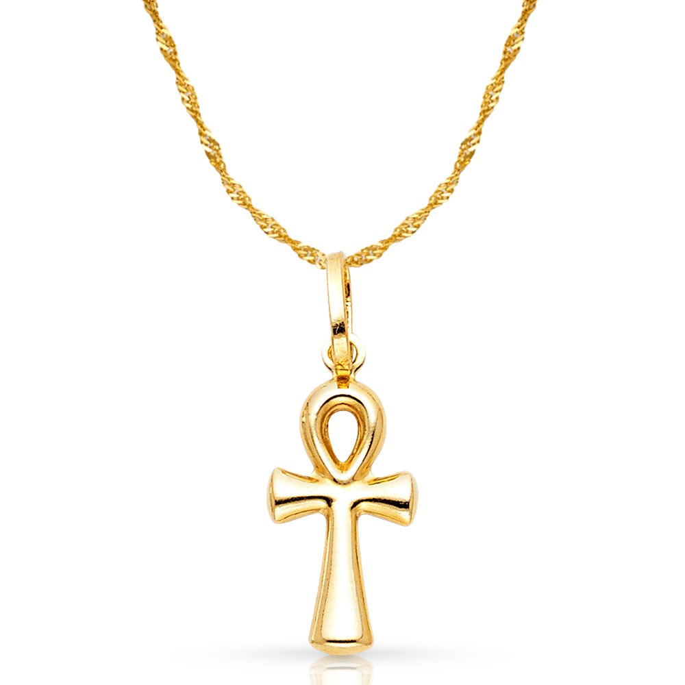 Ioka 14K Yellow Gold Egyptian Ankh Cross Charm Pendant with 0.9mm Singapore Chain Necklace - 20"