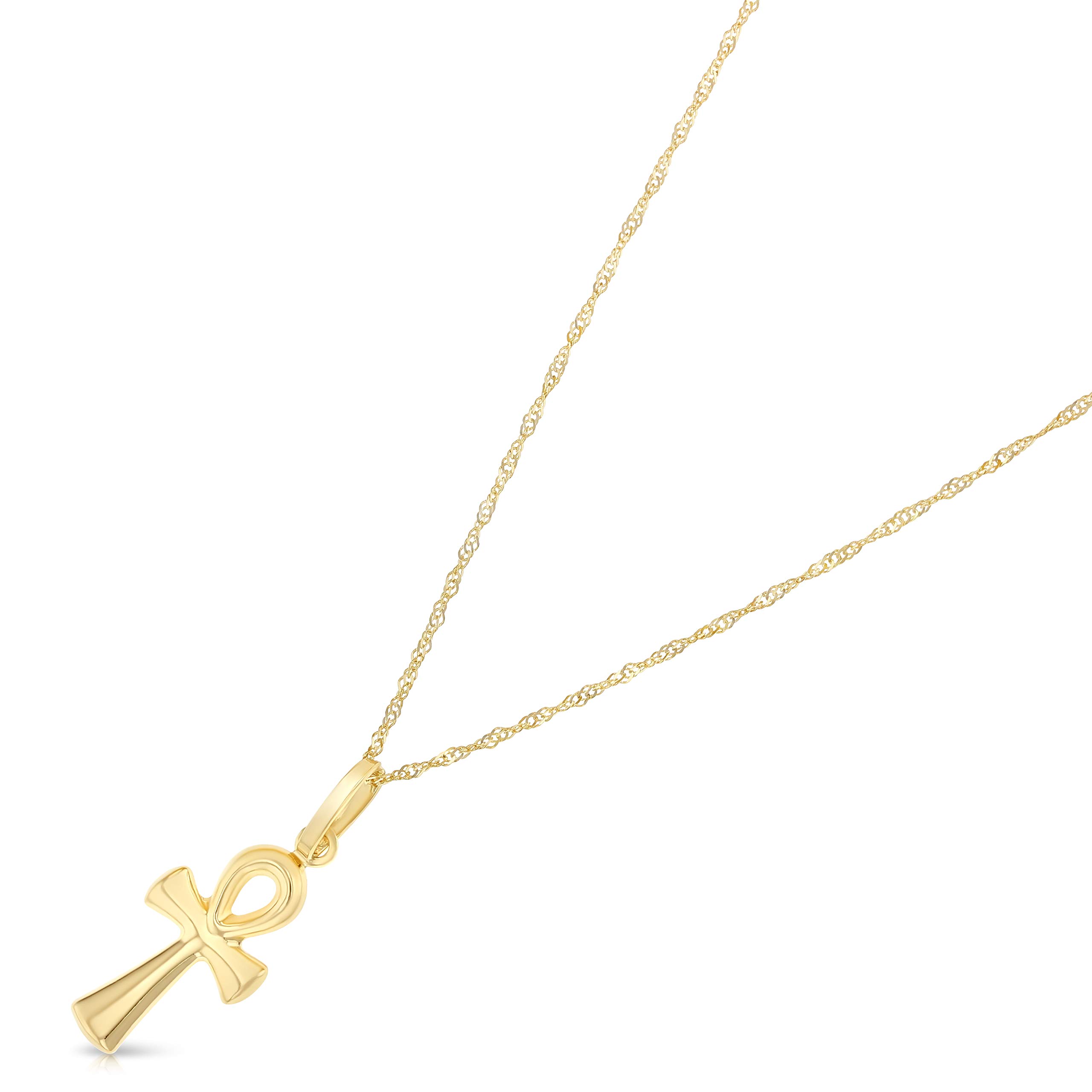 Ioka 14K Yellow Gold Egyptian Ankh Cross Charm Pendant with 0.9mm Singapore Chain Necklace - 20"