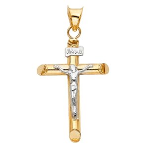 14k two tone gold religious crucifix cross charm pendant - 35 x 15 mm real gold jesus cross necklace pendant - best gift for men and women