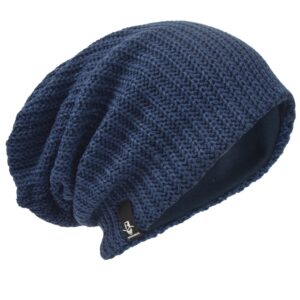 hisshe men oversize skull slouch beanie large skullcap knit hat (ribbed-navy)