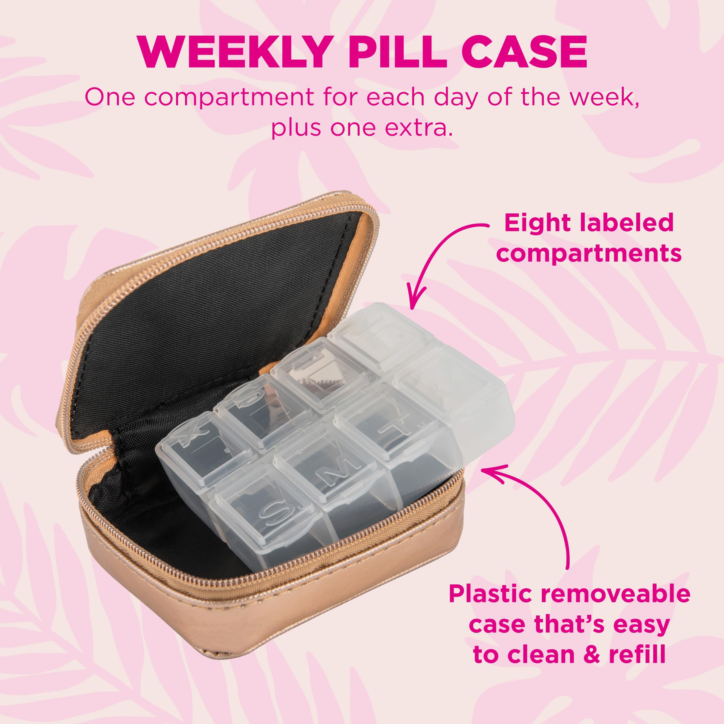 Miamica Zippered “My Pills” Pill Case with 8-Day Removable Plastic Medicine Organizer, Rose Gold, 3.5” L x 2.75” W x 1.25” H – Keep Your Vitamins and Pills Organized – Compact and Sleek Pill Box