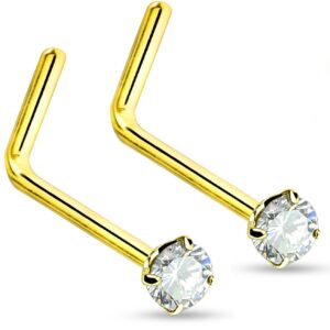 Forbidden Body Jewelry 2-Pack: 20g Surgical Steel Gold Plated L-Shaped 2mm CZ Crystal Nose Studs