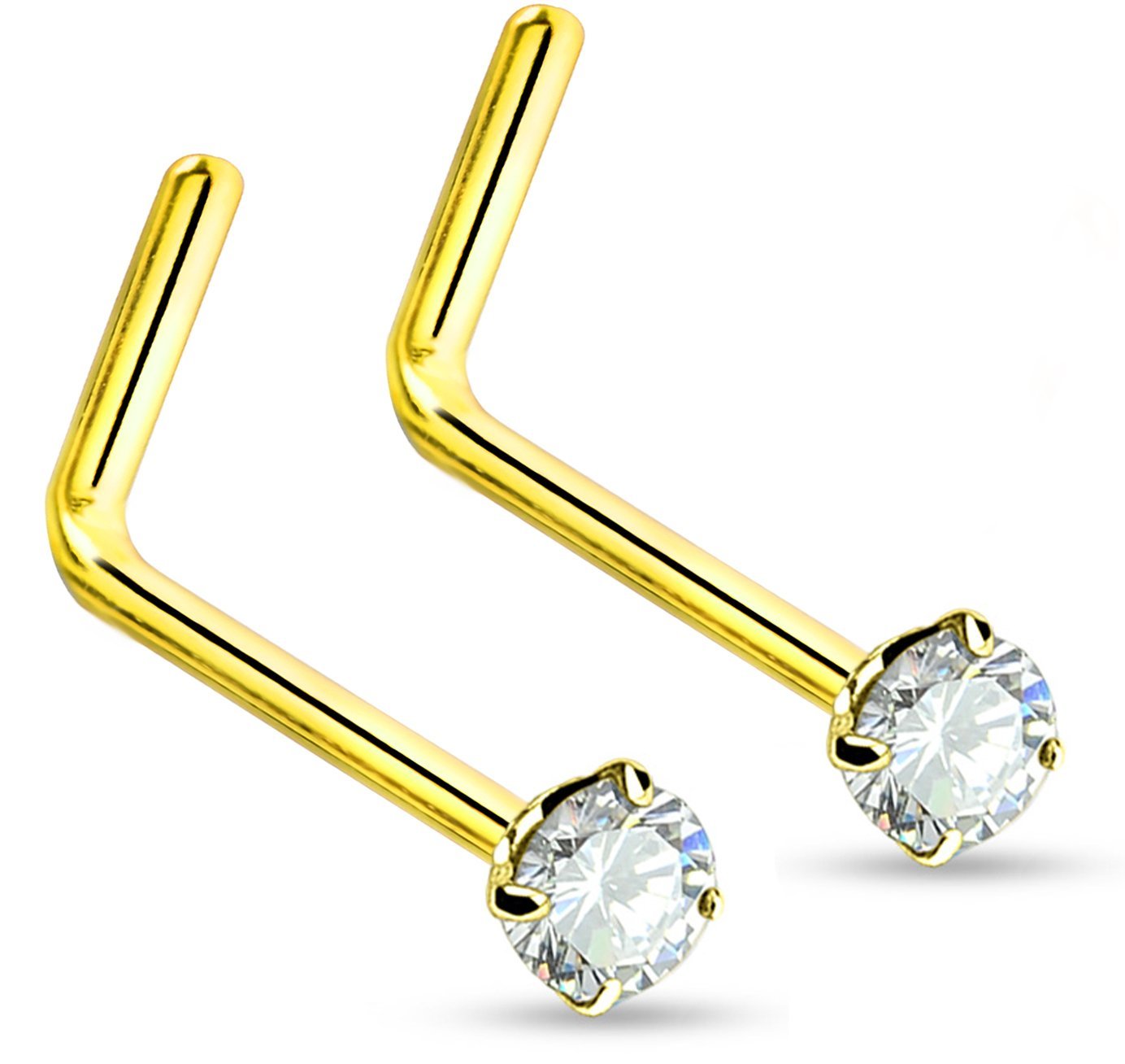 Forbidden Body Jewelry 2-Pack: 20g Surgical Steel Gold Plated L-Shaped 2mm CZ Crystal Nose Studs