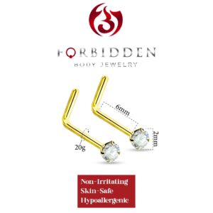 Forbidden Body Jewelry 2-Pack: 20g Surgical Steel Gold Plated L-Shaped 2mm CZ Crystal Nose Studs