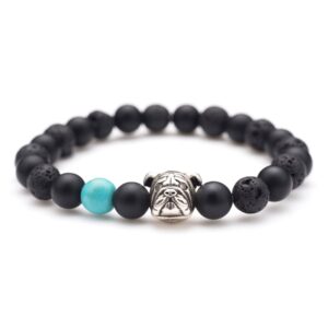 karseer black matte onyx and lava energy stone mala beaded stretch bracelet with bulldog mascot charm and birthstone embellishment, handmade friendship jewelry gift unisex 7", antique silver