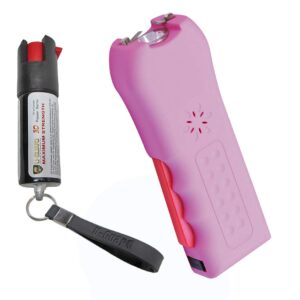 personal stun gun stun gun flashlight alarm pepper spray keychain self defense kit. multi-function less lethal weapon combo. tactical gear for women or men while walking, camping or hiking (pink)