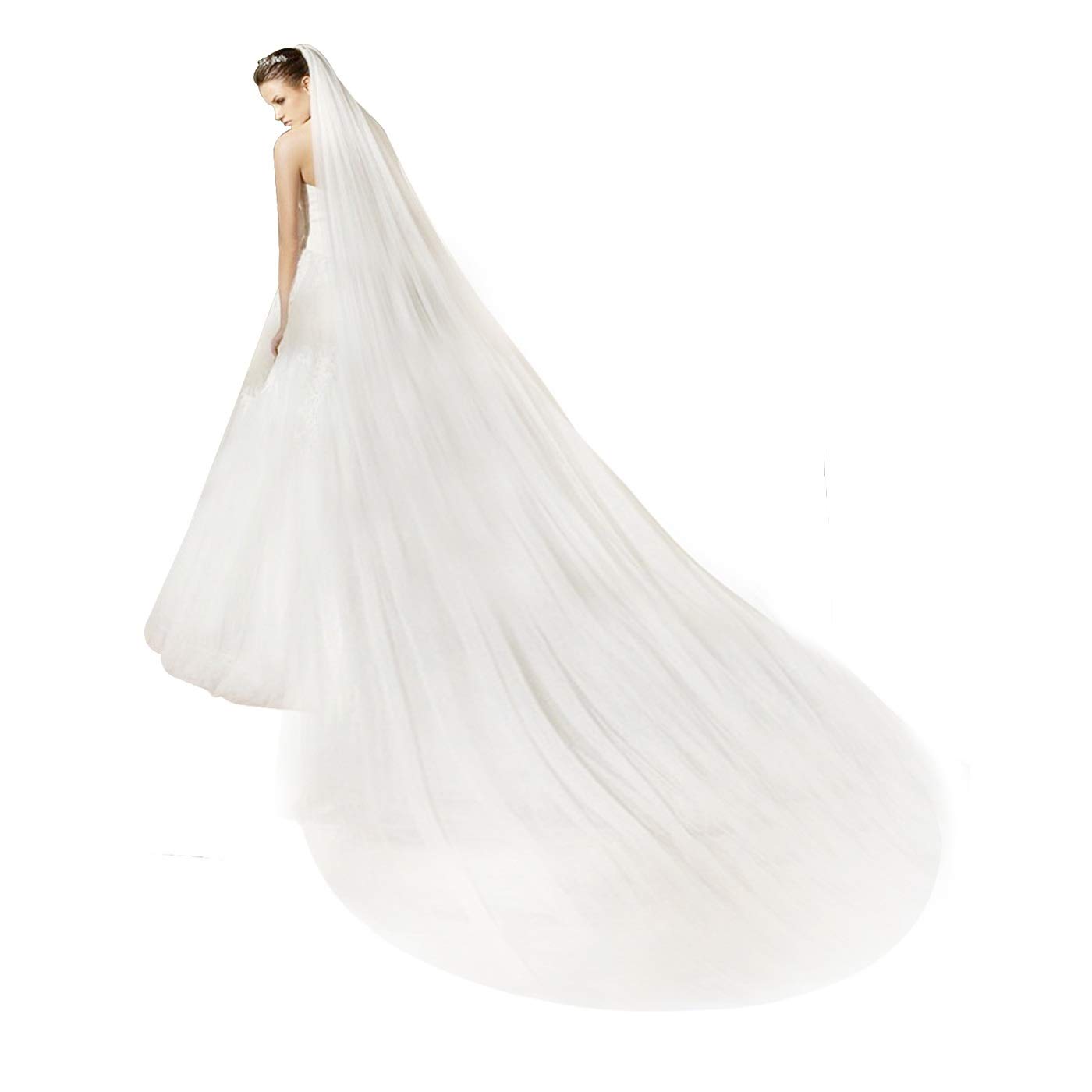 BEAUTELICATE Bridal Wedding 2 Tiers Long Cathedra Veil Cut Edge with Comb White Ivory Off-White