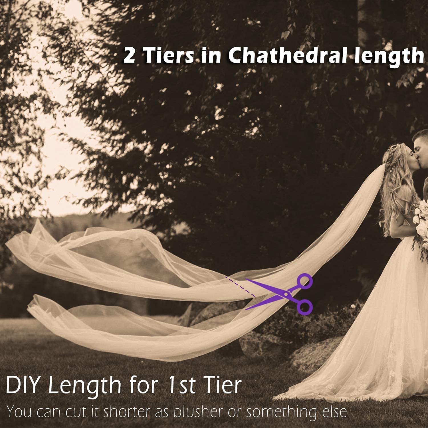 BEAUTELICATE Bridal Wedding 2 Tiers Long Cathedra Veil Cut Edge with Comb White Ivory Off-White