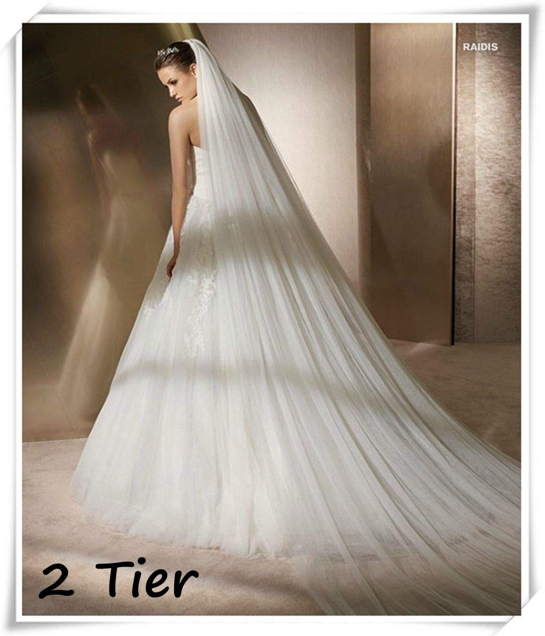 BEAUTELICATE Bridal Wedding 2 Tiers Long Cathedra Veil Cut Edge with Comb White Ivory Off-White