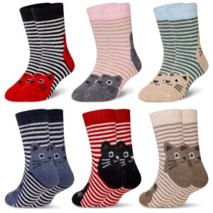 eocom 6 pairs children's winter warm wool animal crew socks kids boys girls socks(4-7 years,cat)