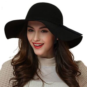 assqi women's 100% wool foldable wide brim retro fedora floppy felt bowler hat (black)