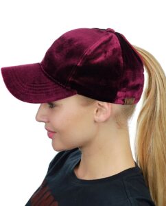 c.c ponycap messy high bun ponytail soft velvet adjustable baseball cap hat, burgundy