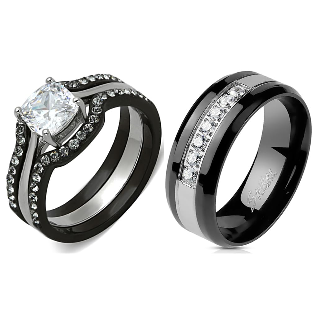 His Hers Couples Ring Set Womens Black Stainless Steel Promise Ring Mens 7 CZ Wedding Band - Size W7M11