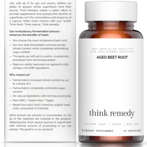 Think Remedy Aged Beet Root Capsules - Beet Pills for Stamina - Organic Beet Root Powder - Nitric Oxide Supplement - Nitrate No Sugar - 30 Capsules - Beet Root Supplement - Super