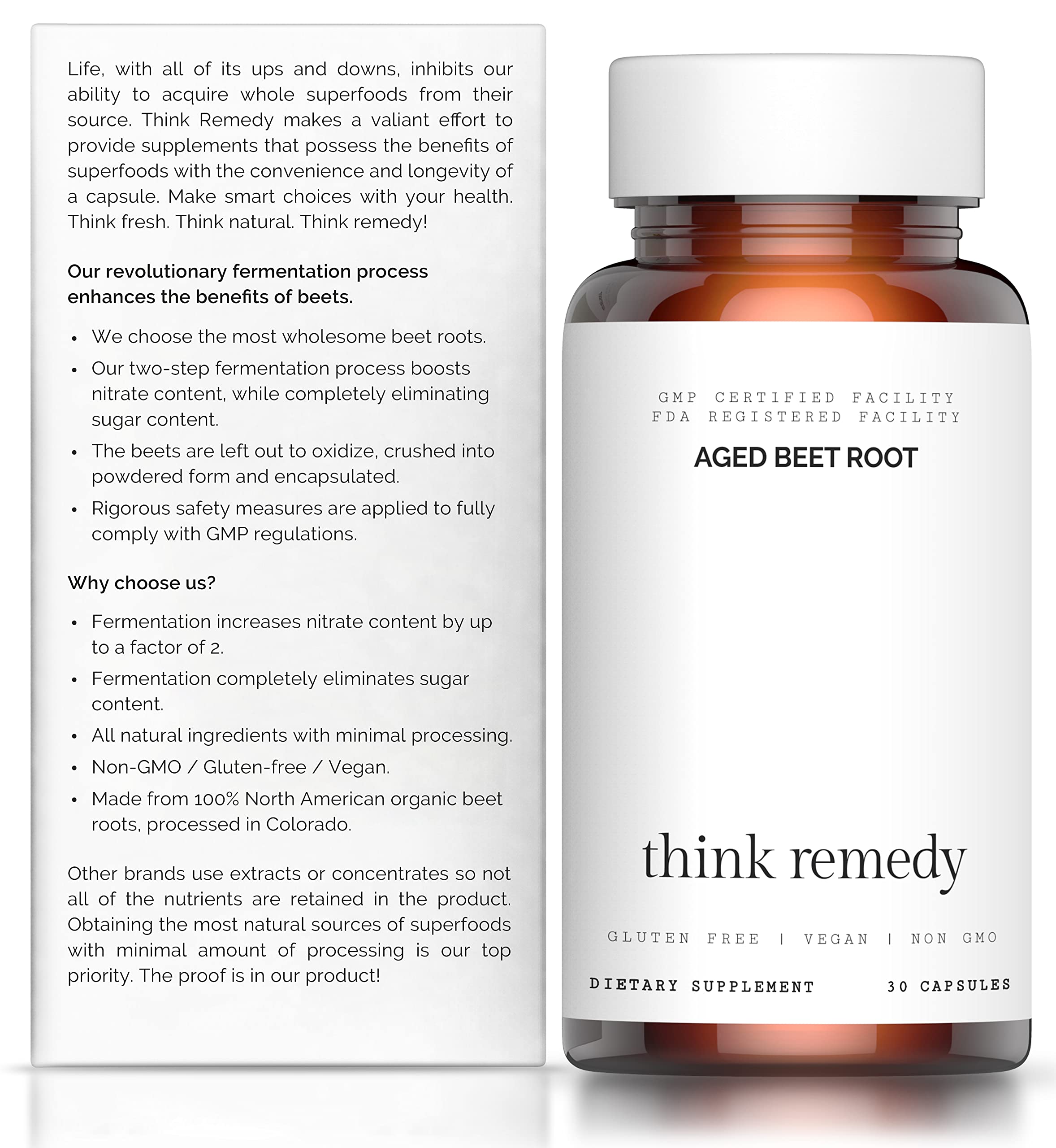 Think Remedy Aged Beet Root Capsules - Beet Pills for Stamina - Organic Beet Root Powder - Nitric Oxide Supplement - Nitrate No Sugar - 30 Capsules - Beet Root Supplement - Super