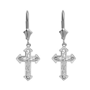 dainty 14k white gold fitchee-style crucifix cross earrings