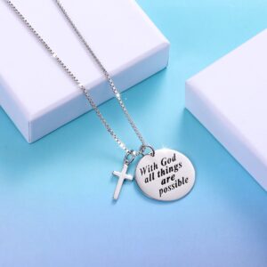 JZMSJF S925 Sterling Silver Faith Cross Necklace With God All Things Are Possible Inspirational Jewelry for Women Adults