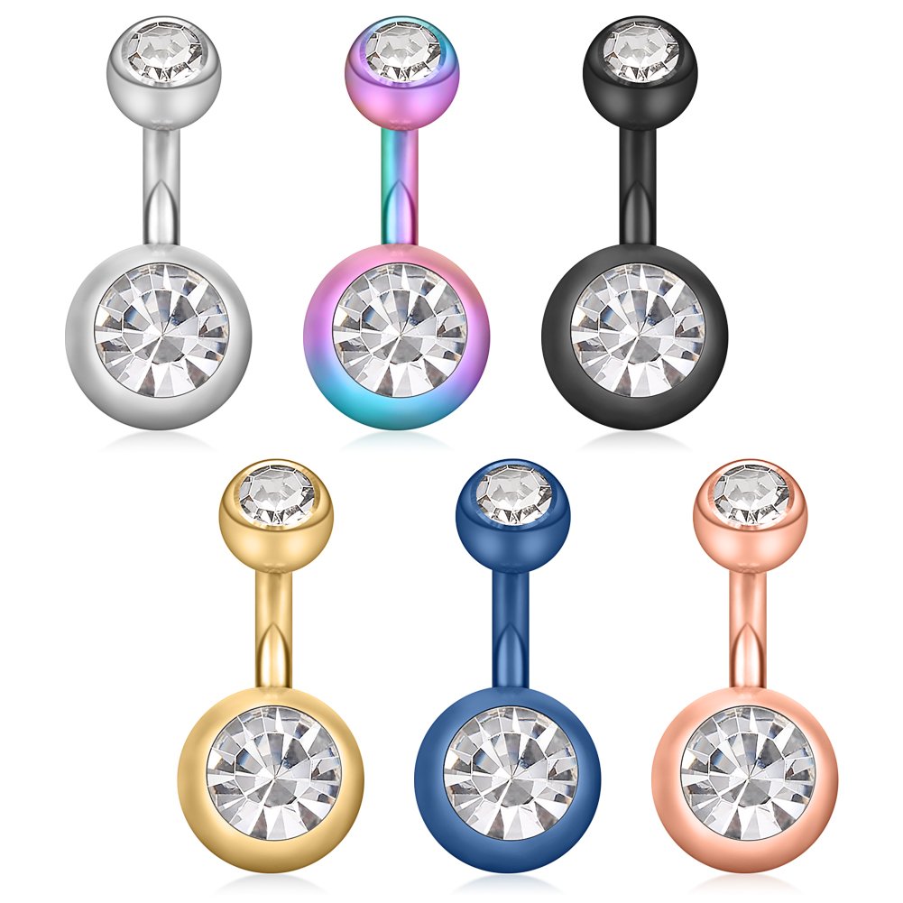 Ruifan 6PCS 316L Surgical Steel Double Clear Crystal 14G 6mm 1/4 Inches Short Belly Earring Navel Button Ring - Mix Color 2#