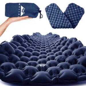 wellax ultralight air sleeping pad - inflatable camping mat for backpacking, traveling and hiking air cell design for better stability & support -plus repair kit - blue