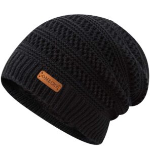 omechy beanie for men women winter knit warm hat stretch plain cuff toboggan cap black