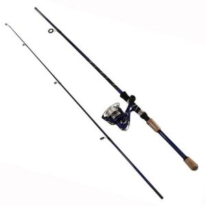 okuma fnx-662-30bl fin-chaser spinning combo, 30 reel size, 6'6" length, 2 piece, 1/8-1/2 oz lure rating, ambidextrous,blue/silver